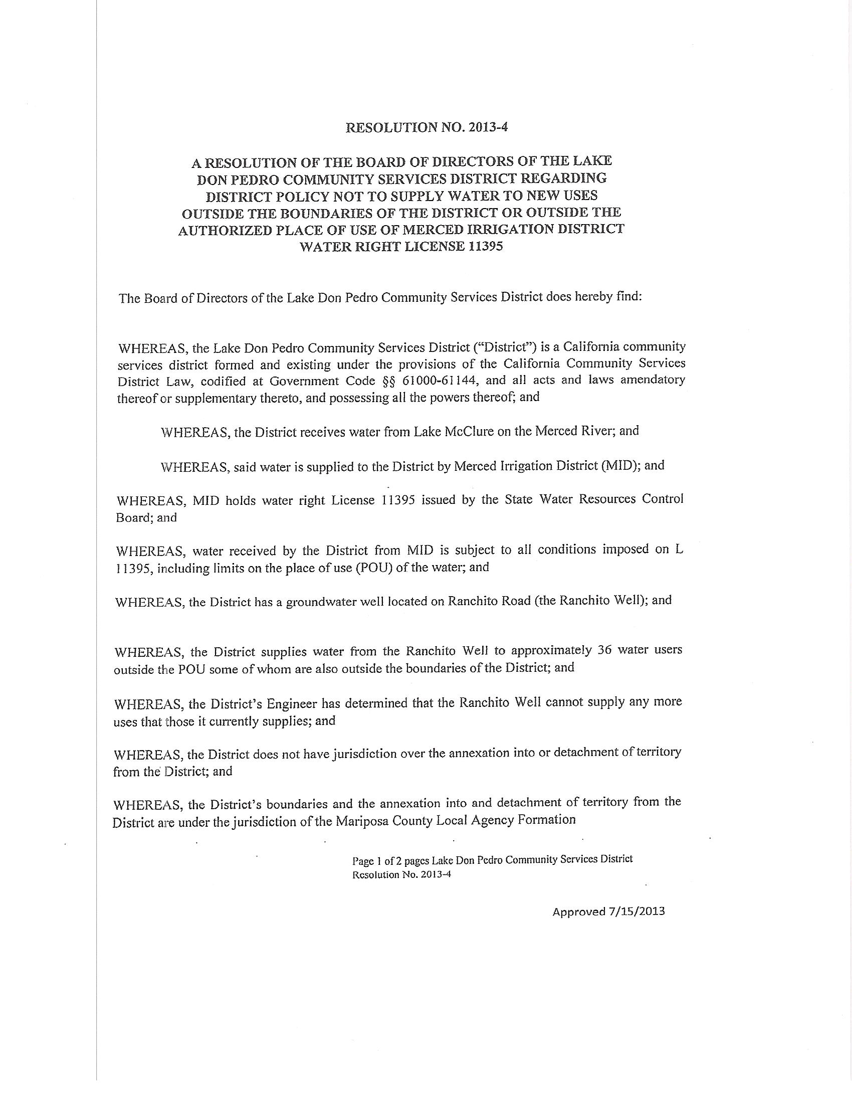 RESCIND RESOLUTION 2013-4 @ THE JUNE 15th 2015 BOARD MEETING ...