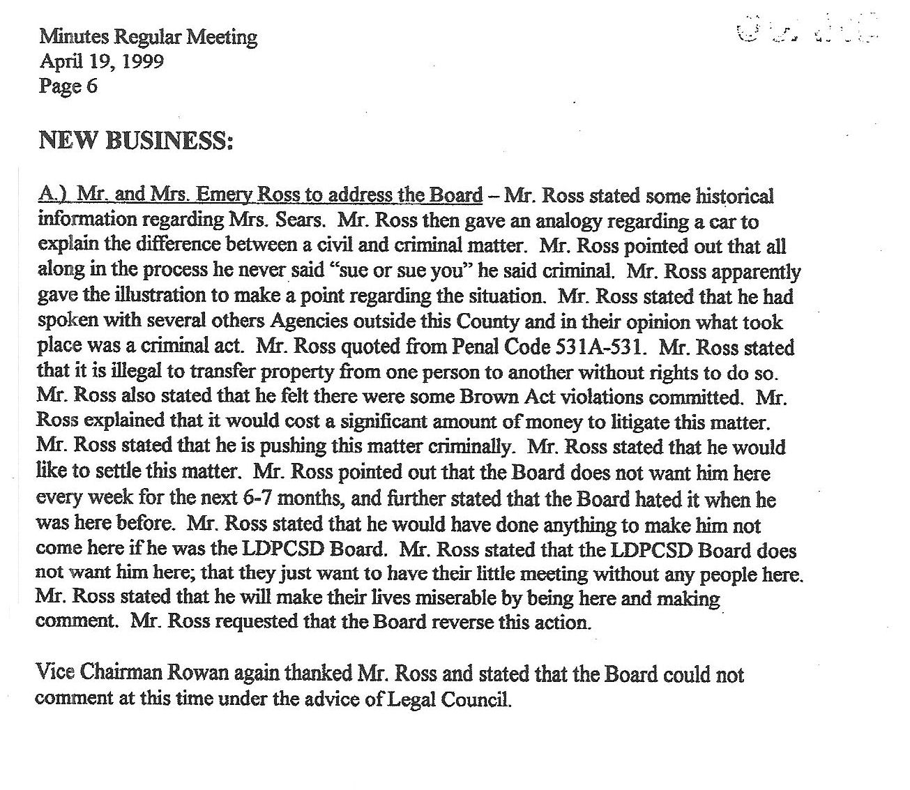 April 19 1999 Ross Comments | lakedonpedro.org