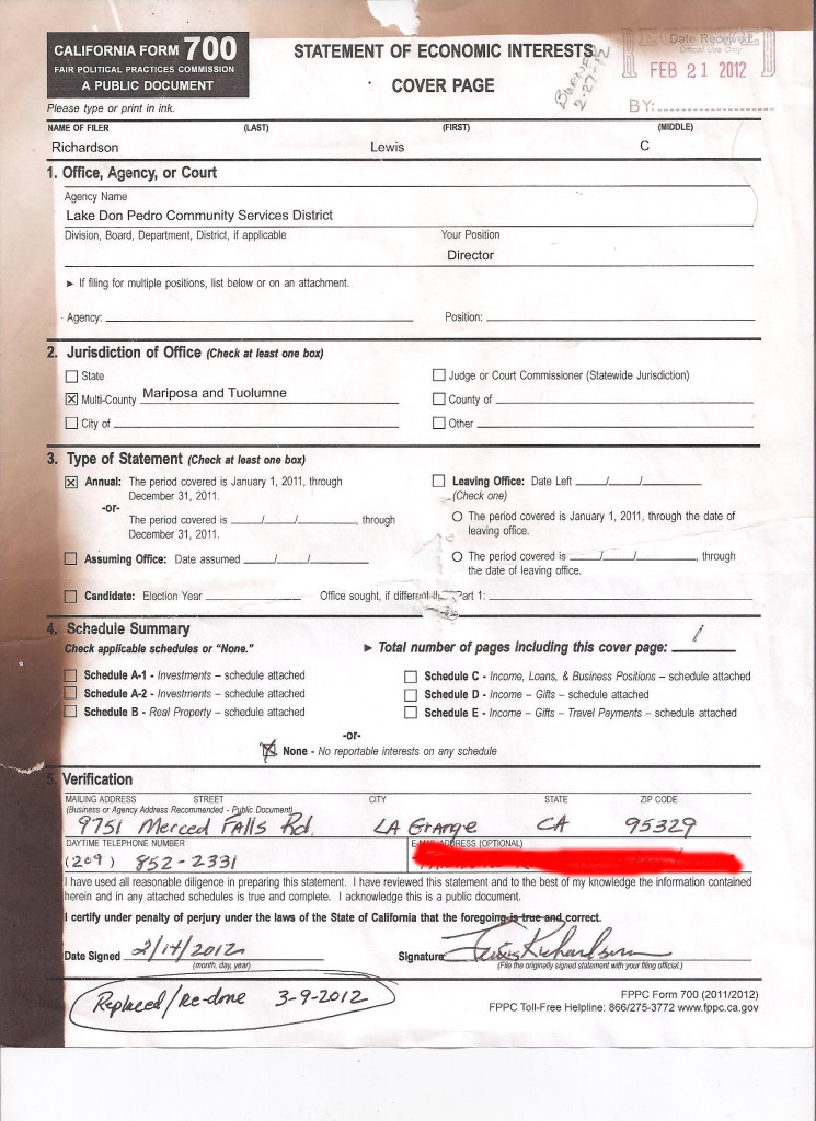 My ORIGINAL CA FORM 700 BURNED IN ADMIN OFFICE ARSON | lakedonpedro.org