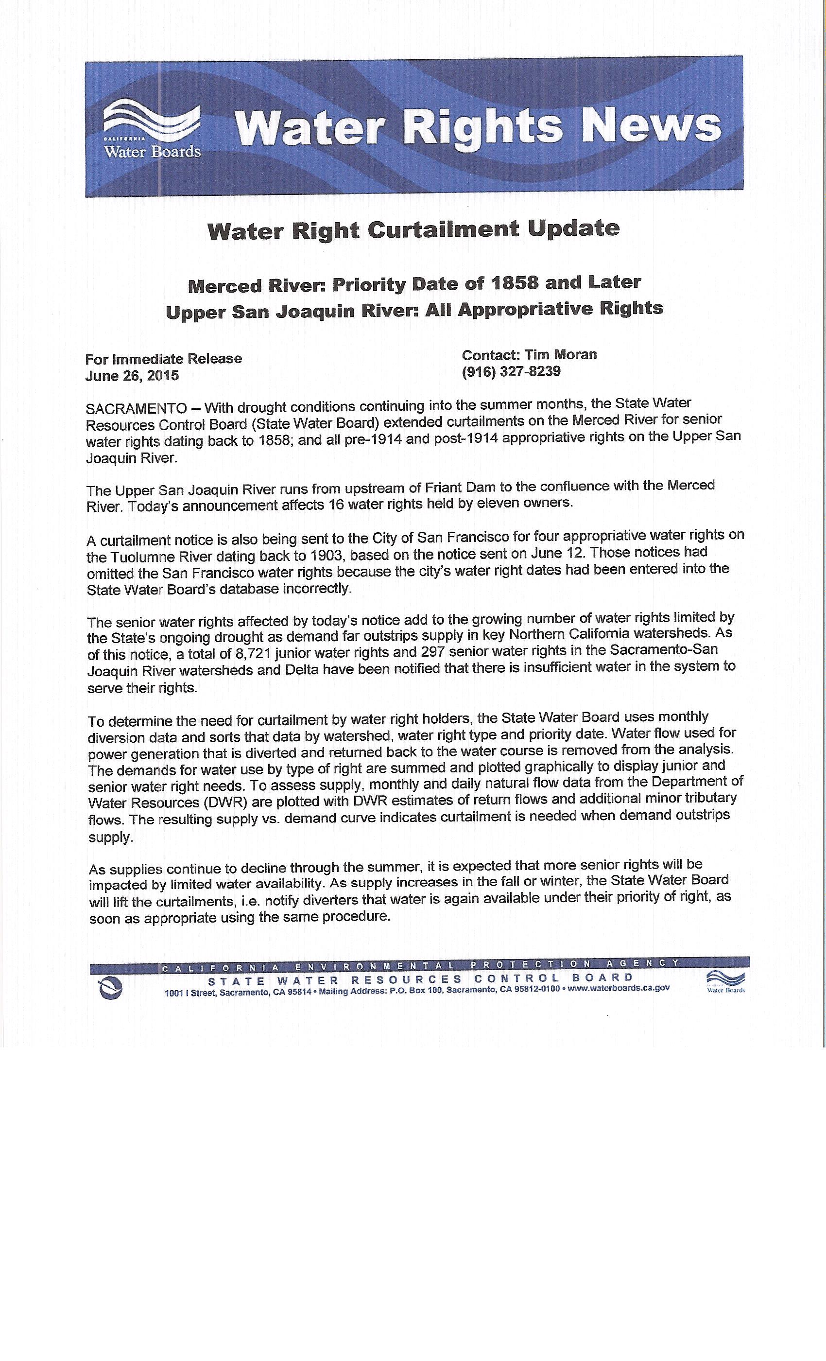 WATER RIGHT CURTAILMENT UPDATE JUN 26 2015 | lakedonpedro.org